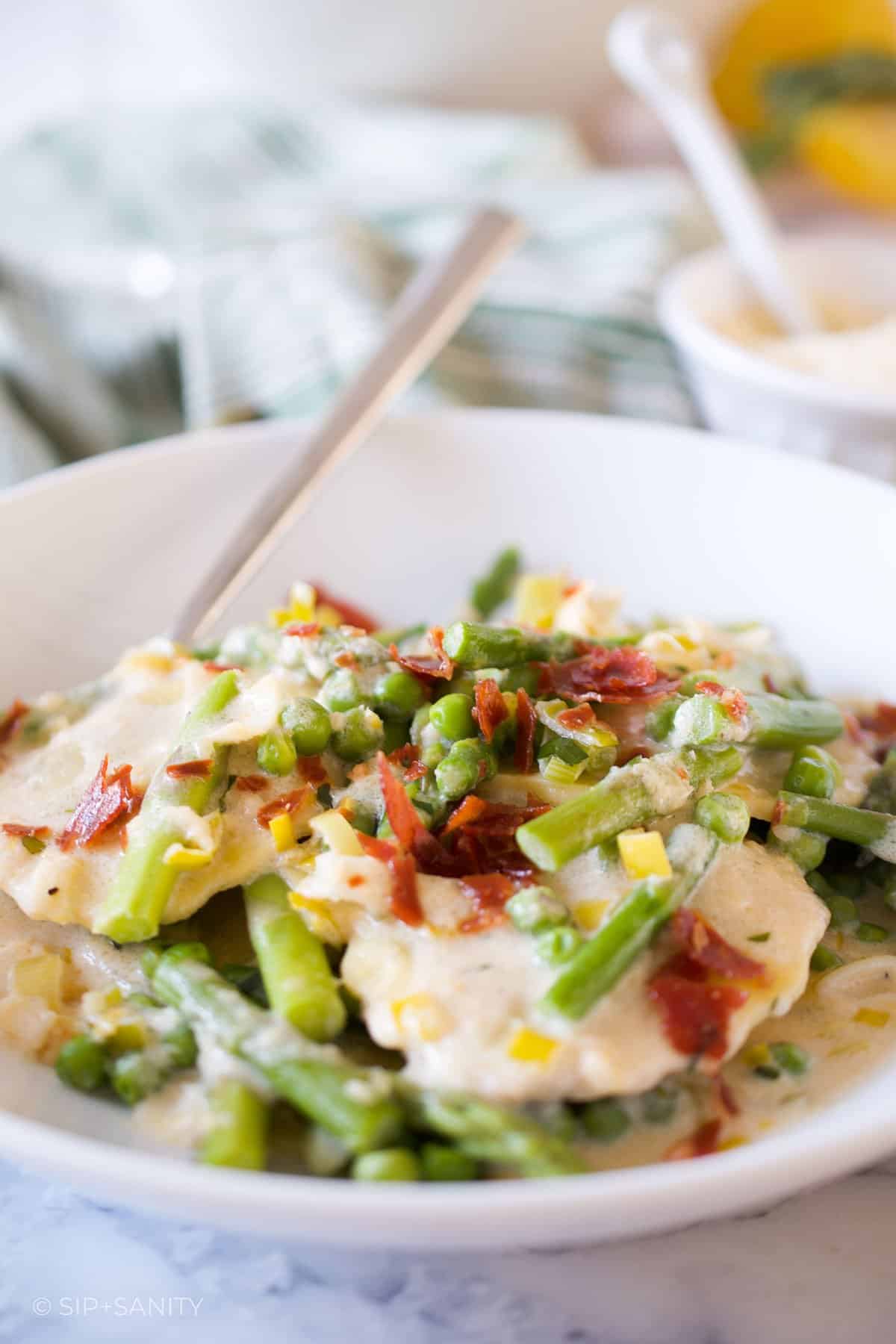 Creamy Mushroom Ravioli with Spring Vegetables • Sip + Sanity