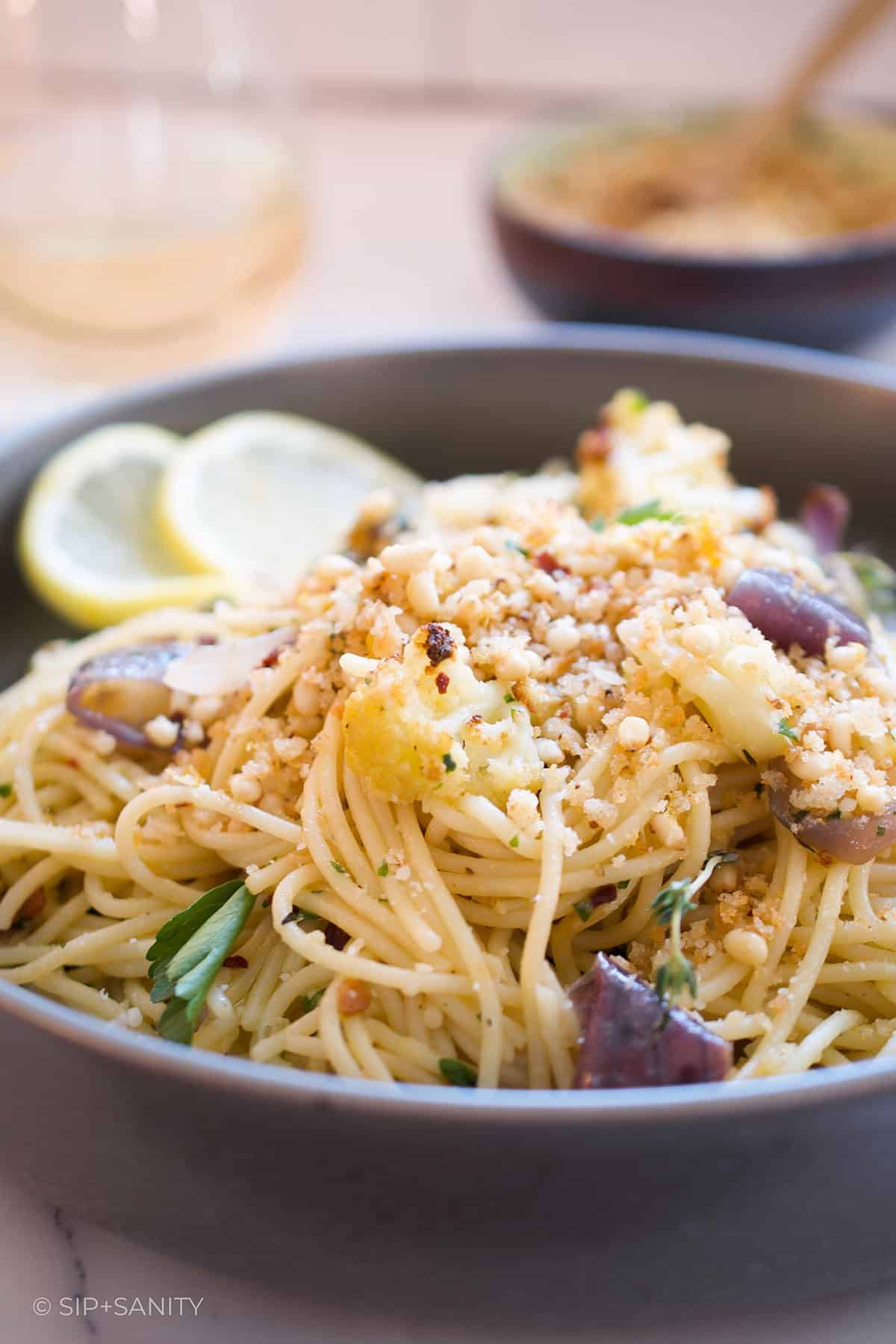 Spaghettini with Roasted Cauliflower + Pancetta • Sip + Sanity