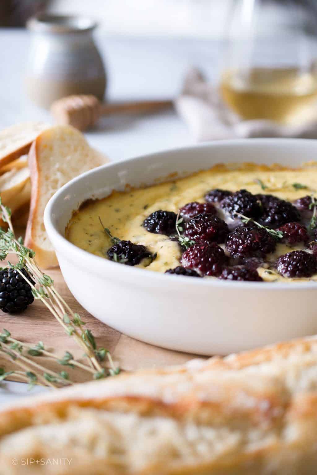 Baked Lemon Ricotta Dip with Blackberries + Honey • Sip + Sanity