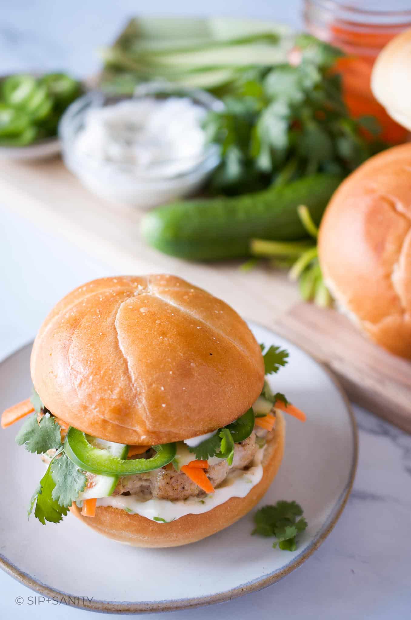 Vietnamese Banh Mi Chicken Burgers with Scallion Mayo • Sip + Sanity