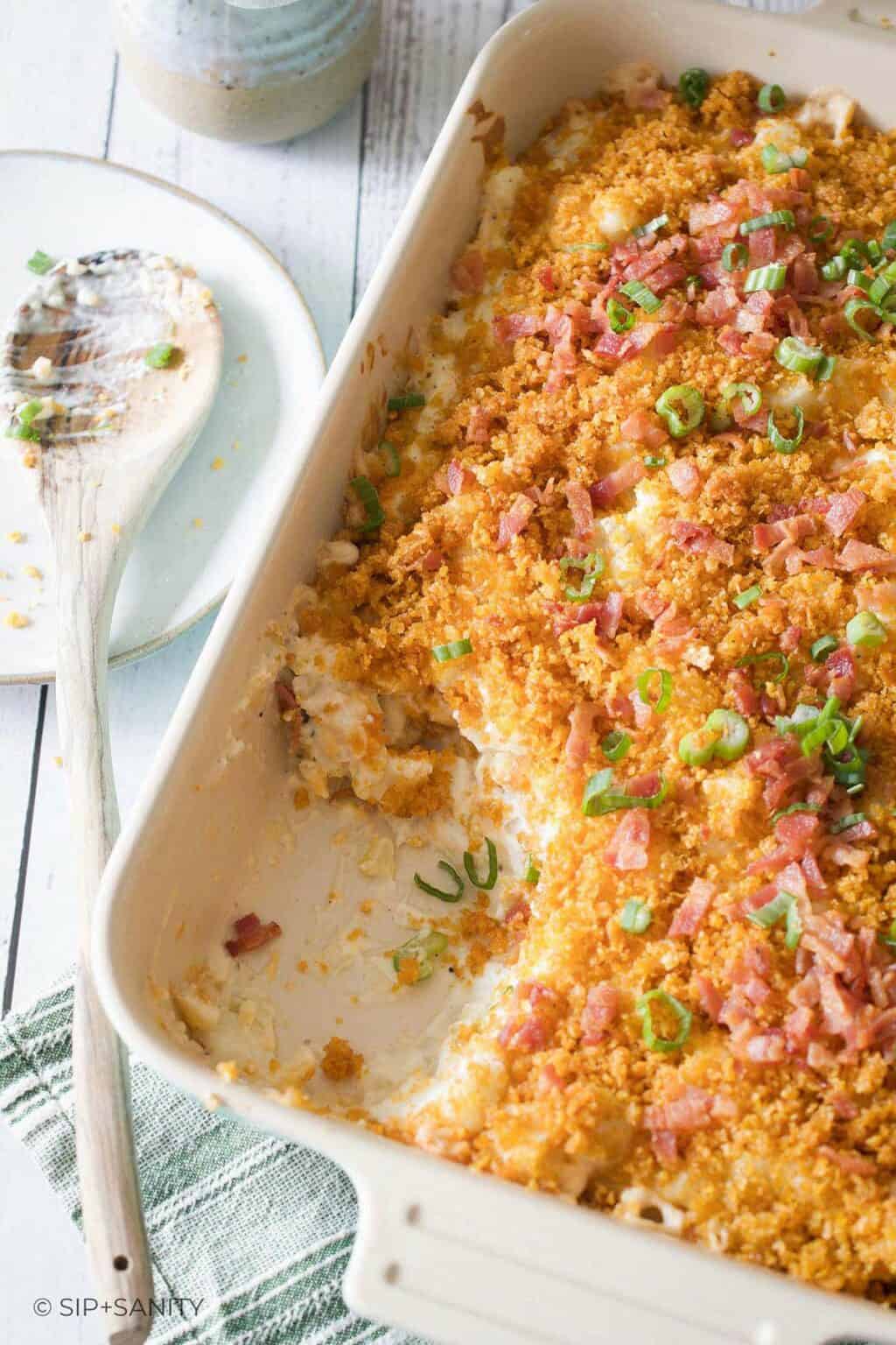 Cheesy Hashbrown Casserole with Corn Flake Topping • Sip + Sanity