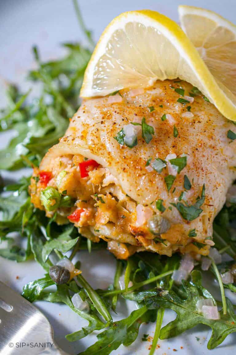 Crab Stuffed Flounder Recipe with Lemon Caper Sauce • Sip + Sanity