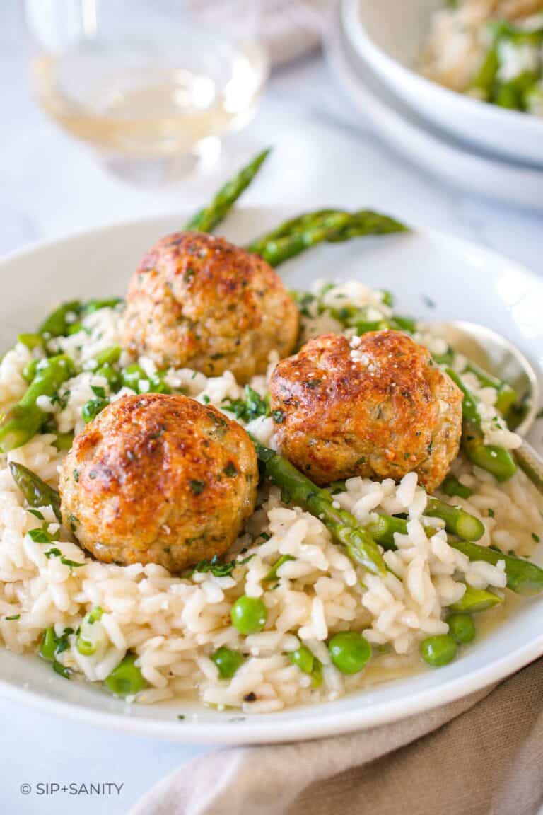 Spring Vegetable Risotto with Chicken Meatballs • Sip + Sanity