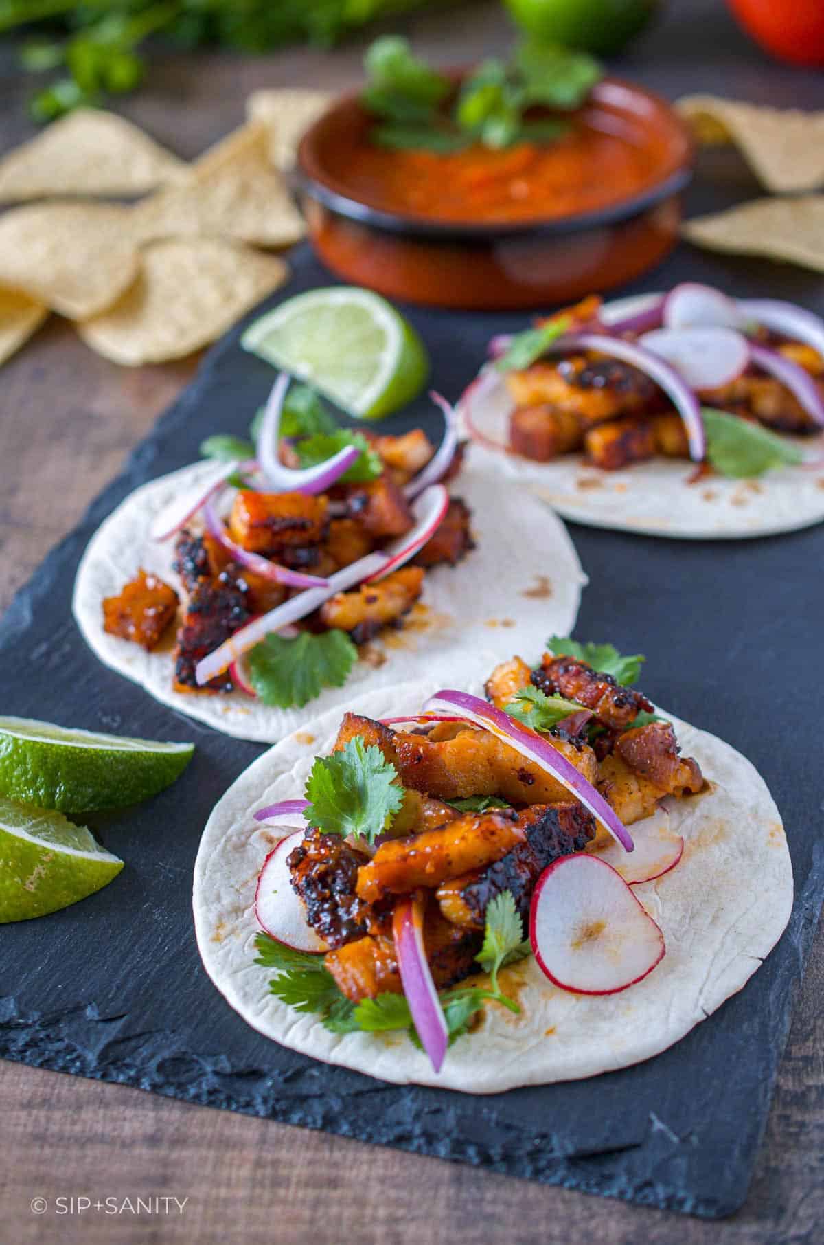 Sweet + Spicy Pork Belly Tacos • Sip + Sanity